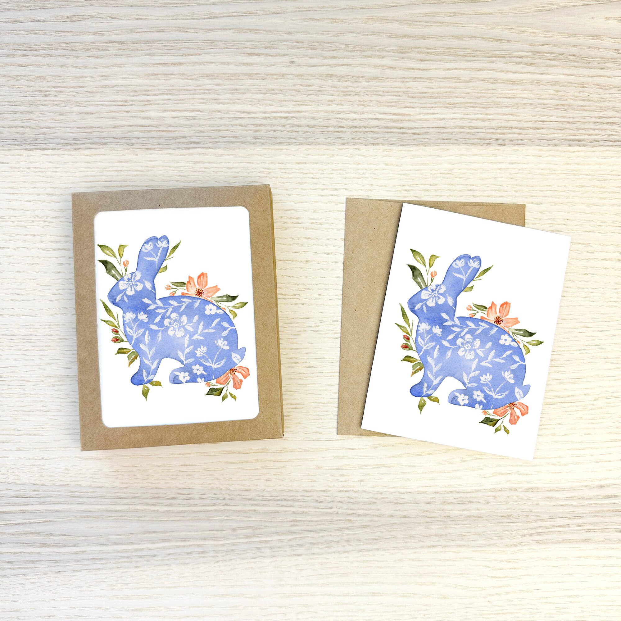 Blue Floral Easter Bunny Card, Happy Easter Card, Stationary Set, Blank ...