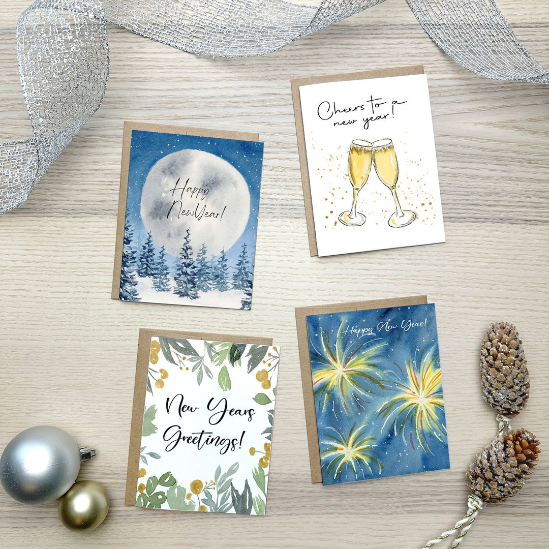 New Years Card Variety Set, New Years Greetings, Holiday Card Set ...