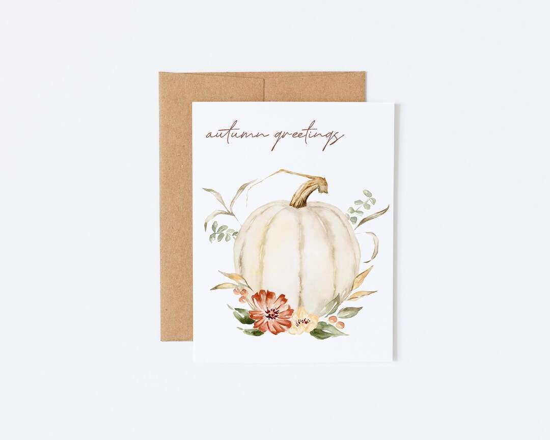 Autumn Greetings Notecards, Illustrated Watercolor Pumpkin and Fall ...