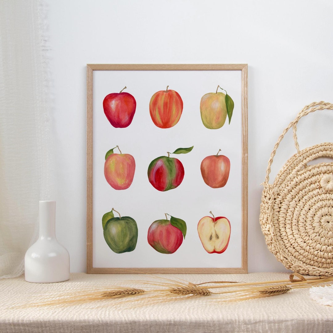 Apple Varieties Poster, Kitchen Wall Art, Red Apple Painting, Fall ...