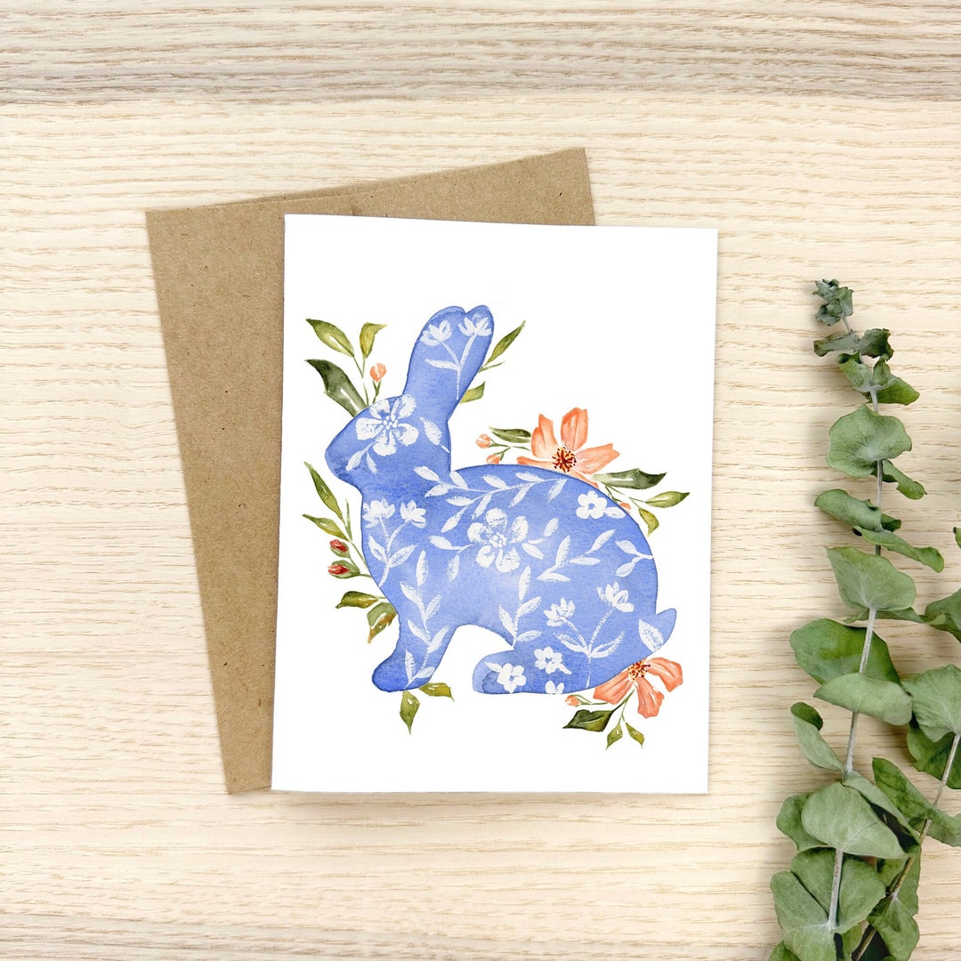 Blue Floral Easter Bunny Card, Happy Easter Card, Stationary Set, Blank ...