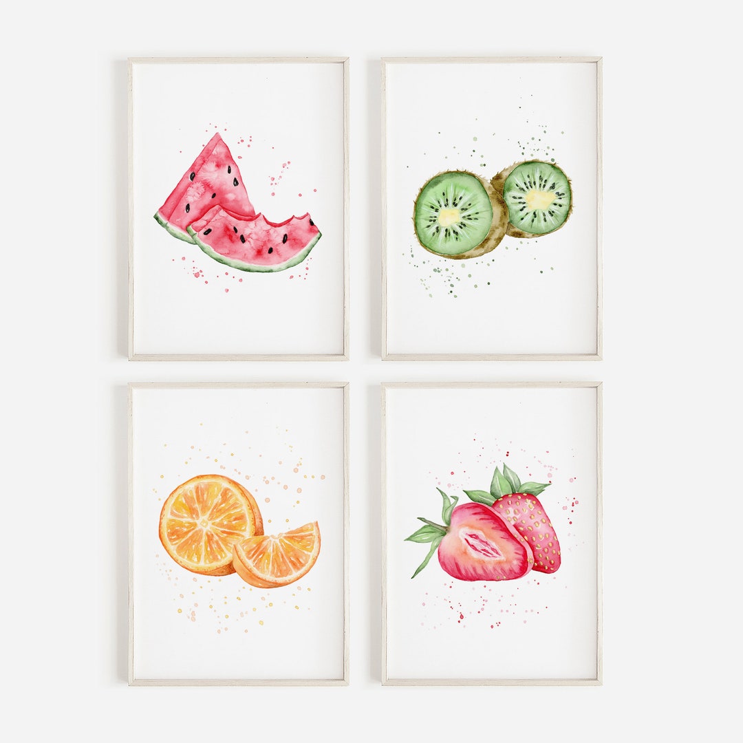 Printable Watercolor Fruit Print Set of 4, Orange Strawberry Kiwi ...