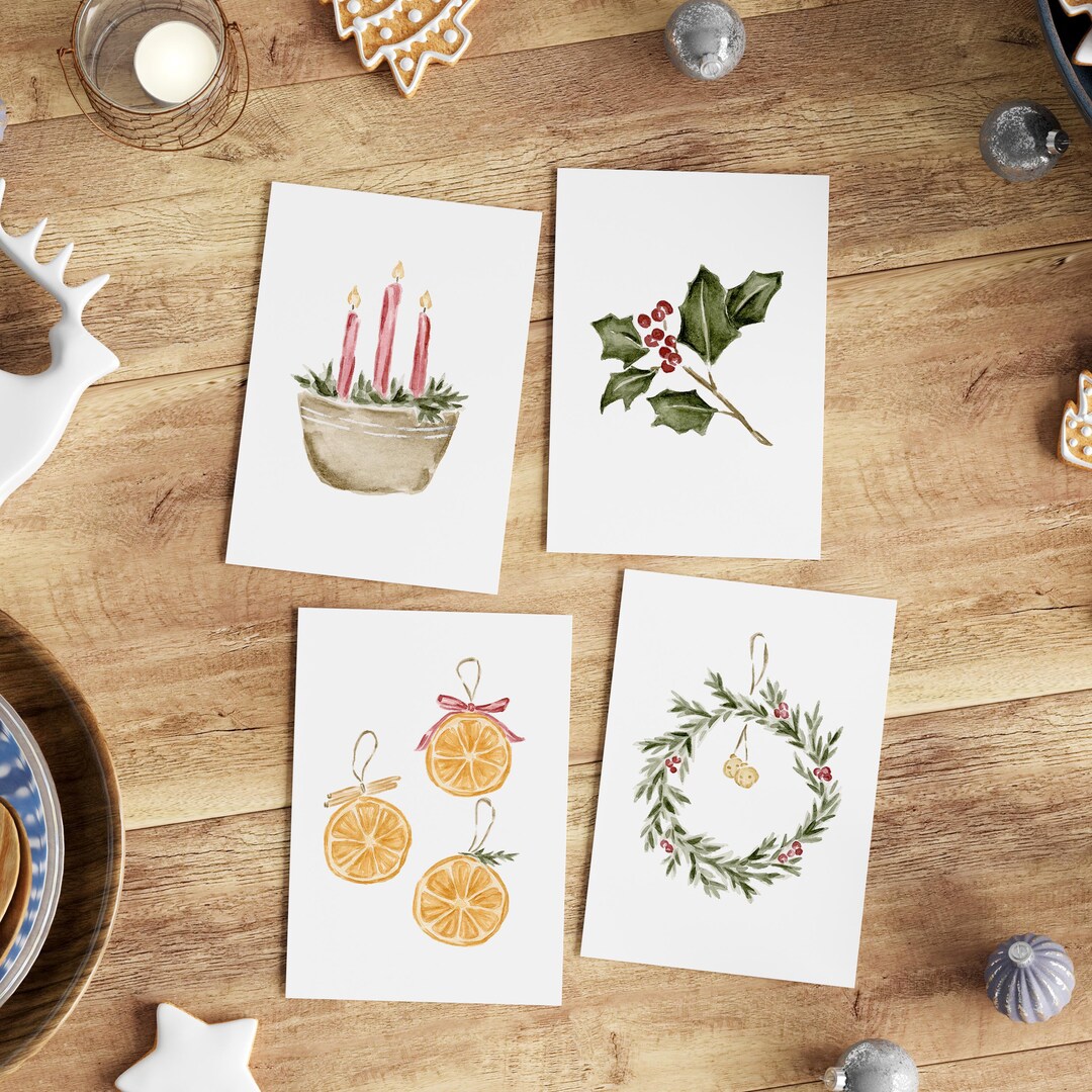 Watercolor Christmas Card Set, Natural Greenery, Illustrated Holiday ...