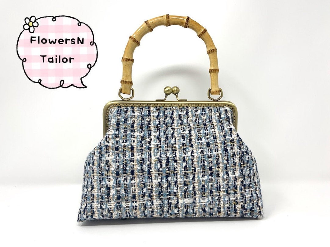 Handmade Blue Tweed Boucle Kiss Lock Clasp Bamboo Top Handle Frame Bag ...
