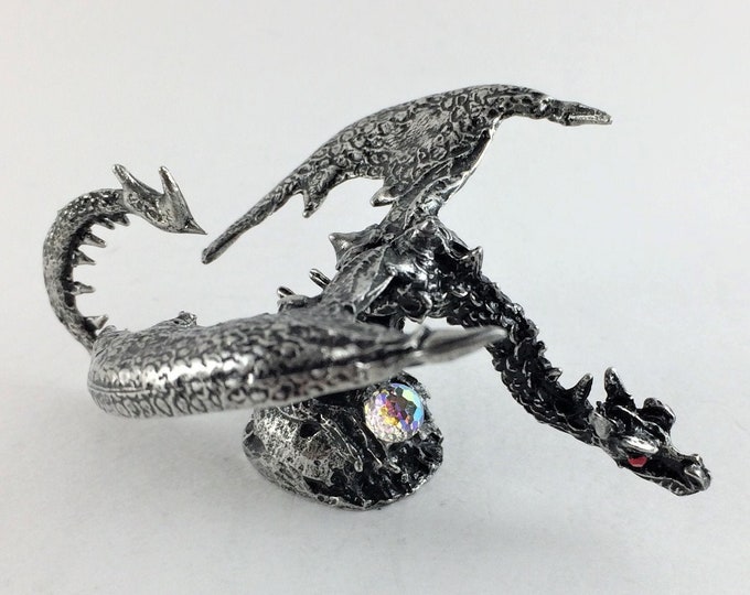 Pewter Dragon With Red Crystal Eyes and Crystal Fireball - Satin Matte ...
