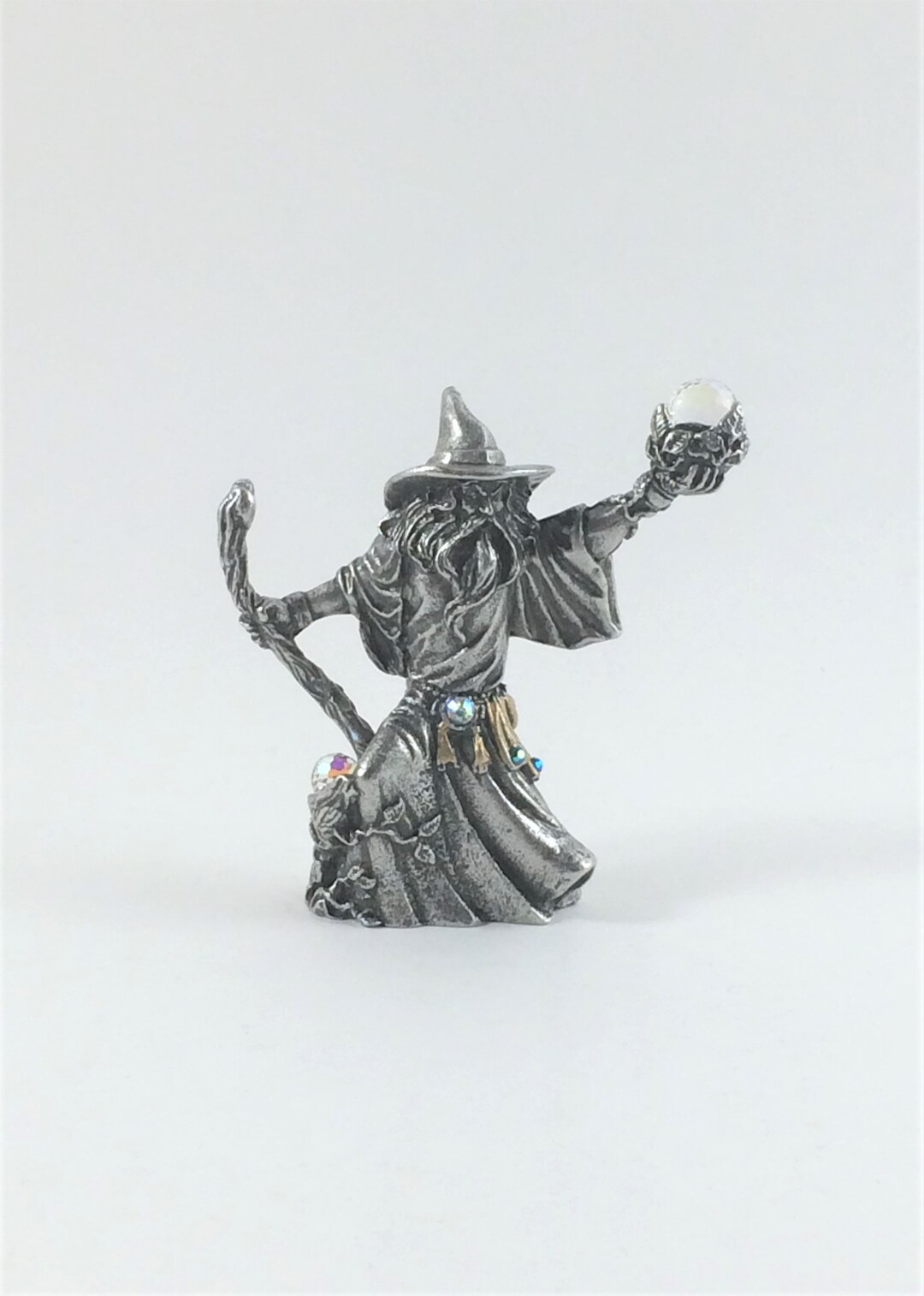 Pewter Wizard With Crooked Staff & Crystals - Very Detailed - Etsy