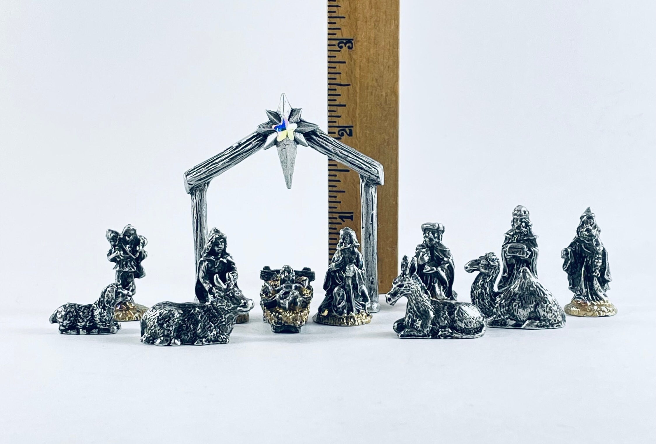 Miniature 11 Piece Pewter NATIVITY SET With MANGER and Crystals - Etsy