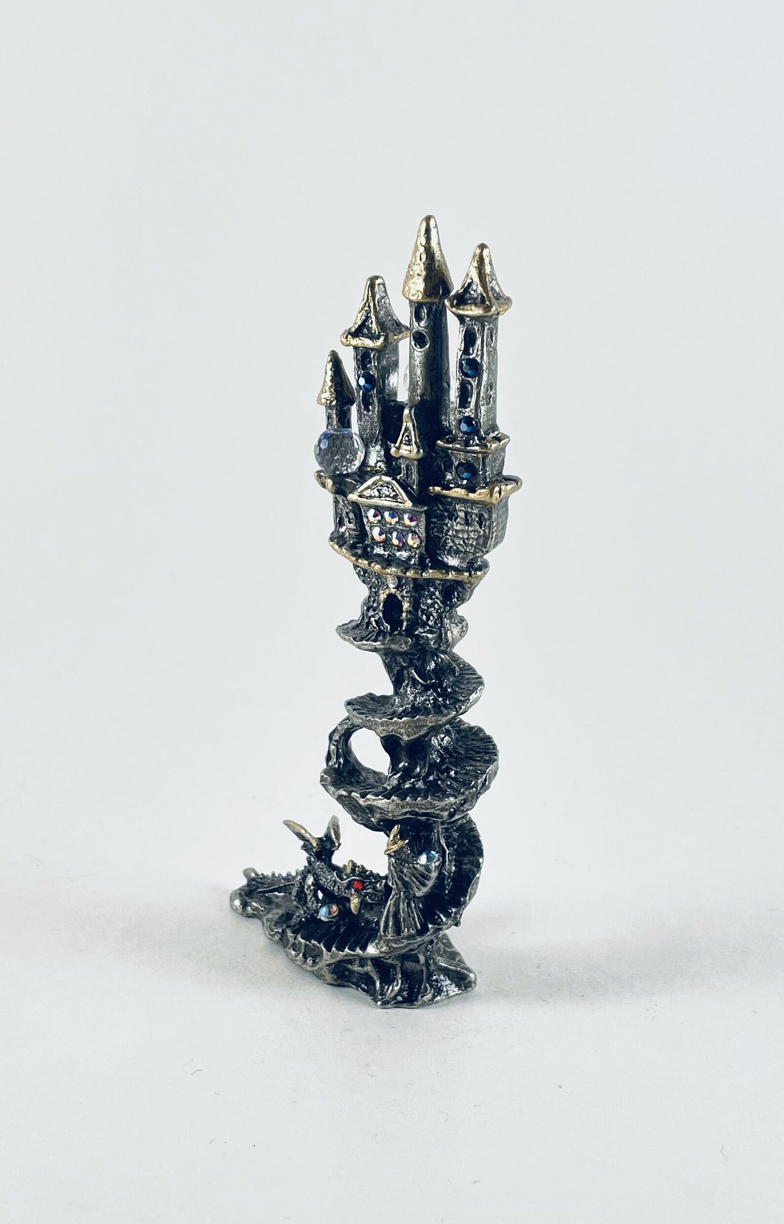 Tall Pewter Castle With Dragon Chasing Wizard - Many Colorful Crystals ...