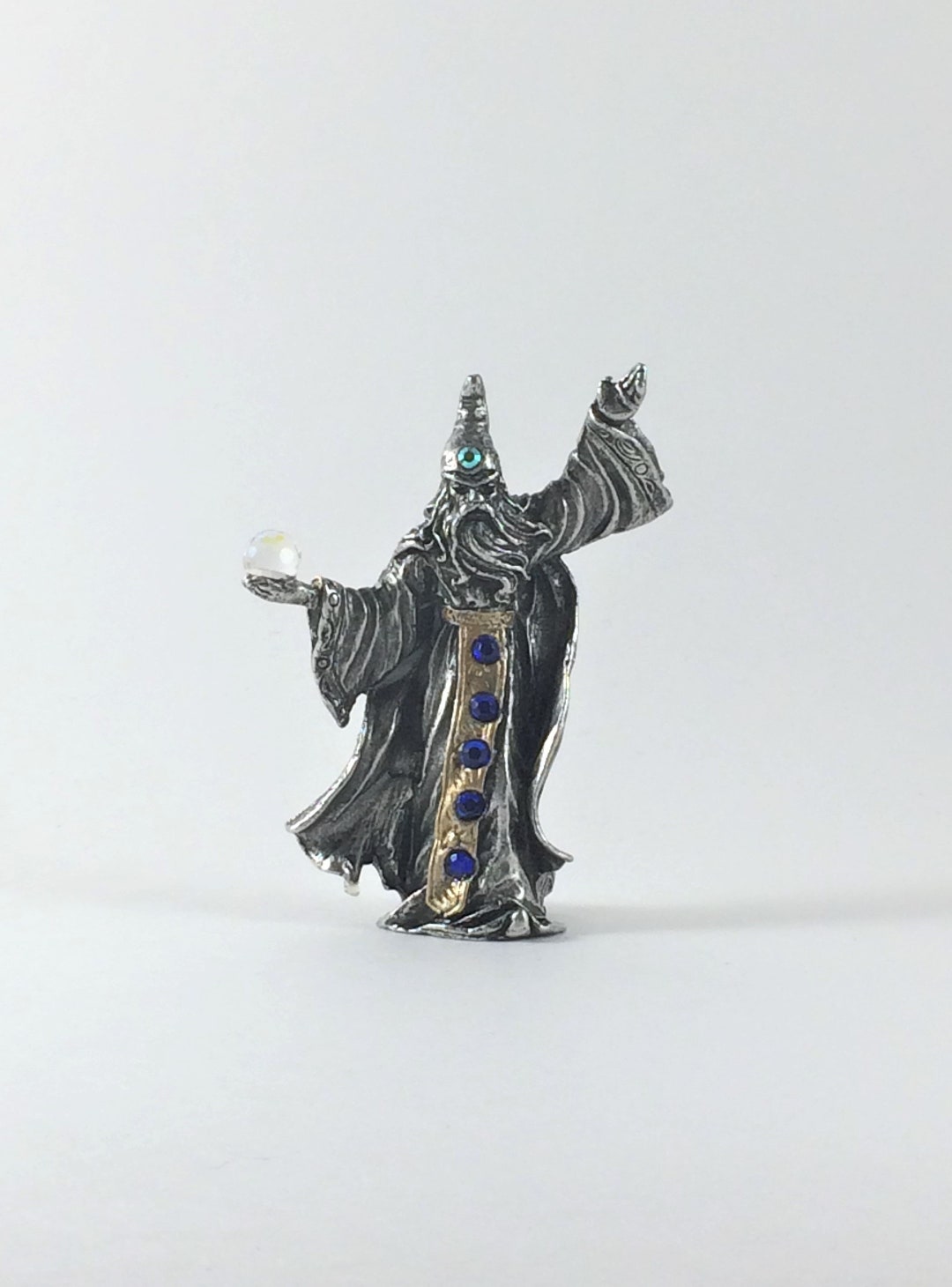 Pewter Wizard Holding Crystal Ball & Accented With Blue Crystals - Etsy