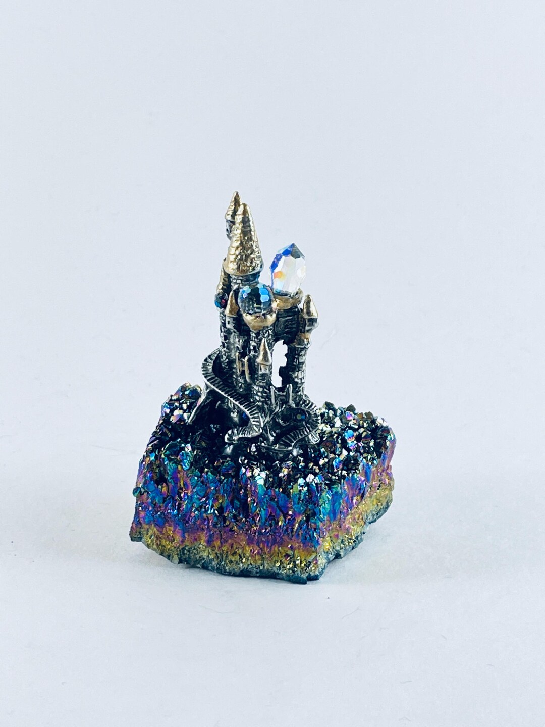 Pewter Castle With Winding Stairs & Crystals on Genuine Aura Amethyst ...