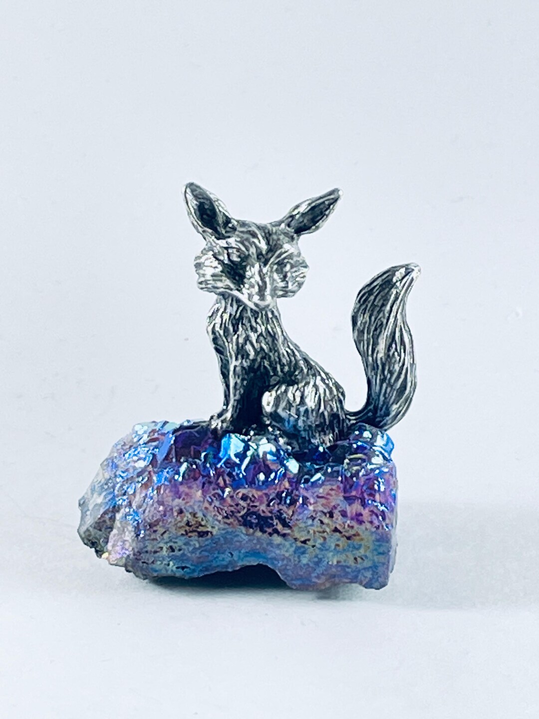 Pewter Fox Sitting on Genuine Aura Amethyst Cluster - Etsy
