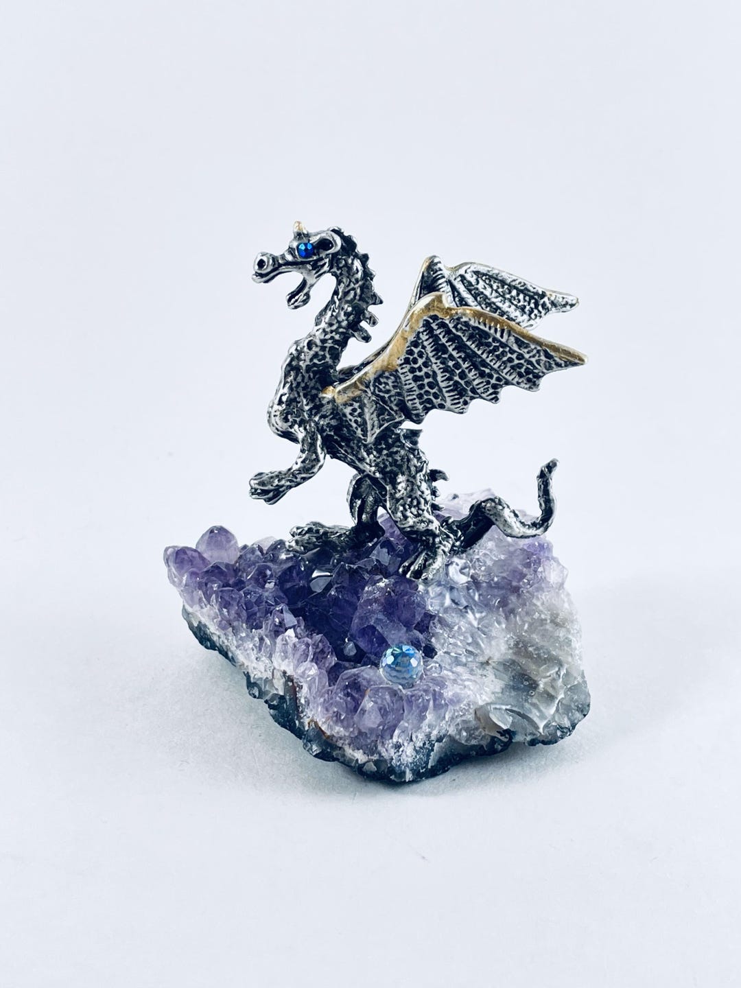 Pewter Dragon With Crystal Eyes on Amethyst Cluster - Etsy