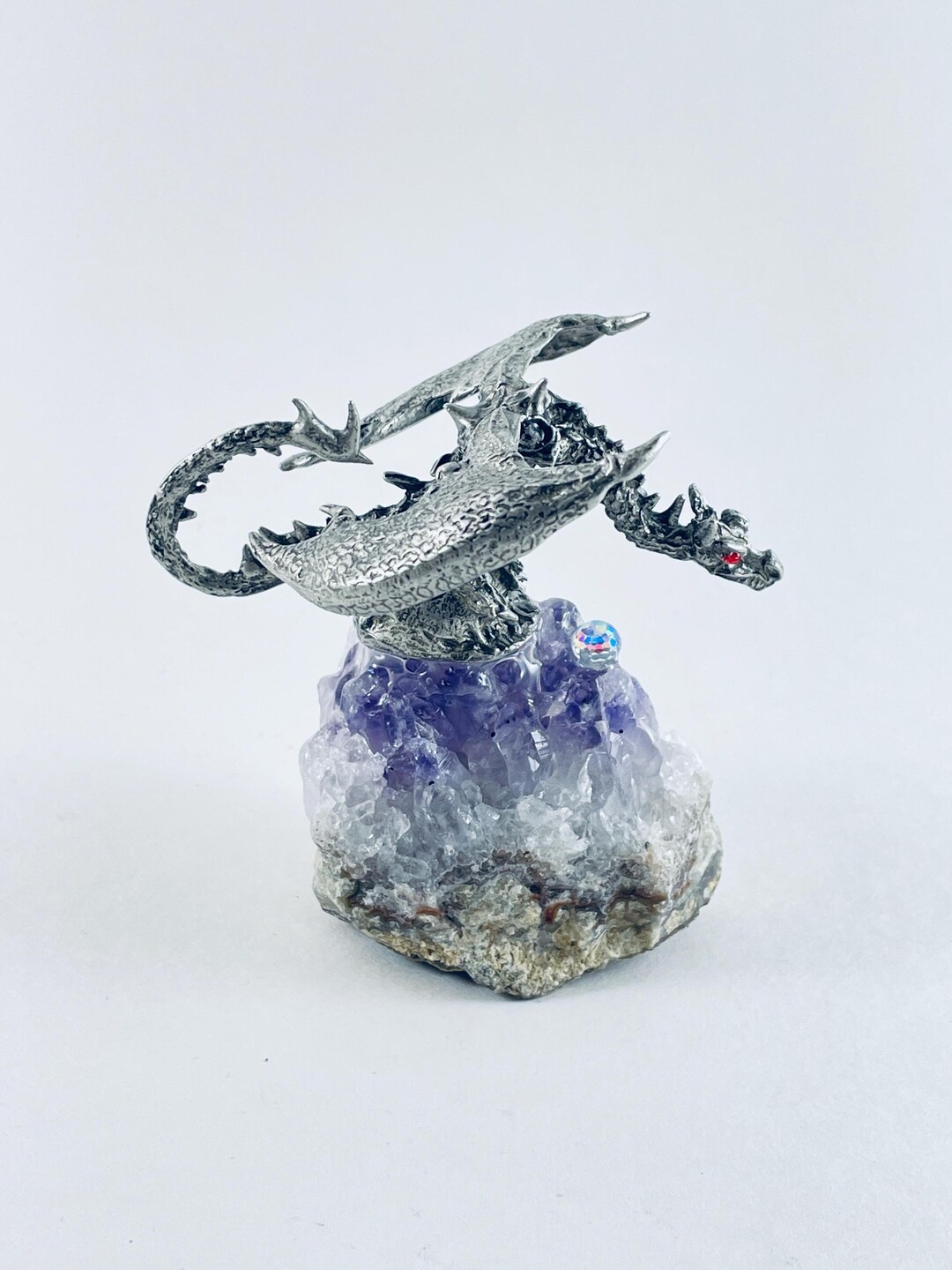 Pewter Dragon With Swarovski Crystal Fireball on Amethyst Cluster - Etsy