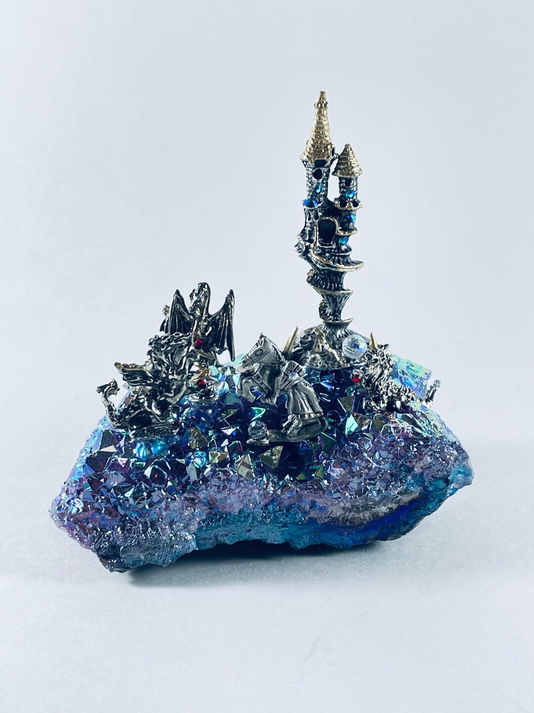 Diorama With 4 Pewter Dragons, a Knight, and a Castle on Amethyst Aura Cluster - Etsy