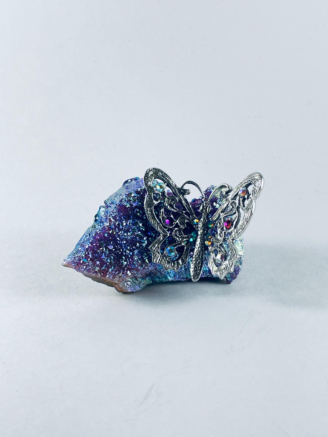 Pewter Butterfly With Crystal Accents on Genuine Amethyst Aura Cluster - Etsy