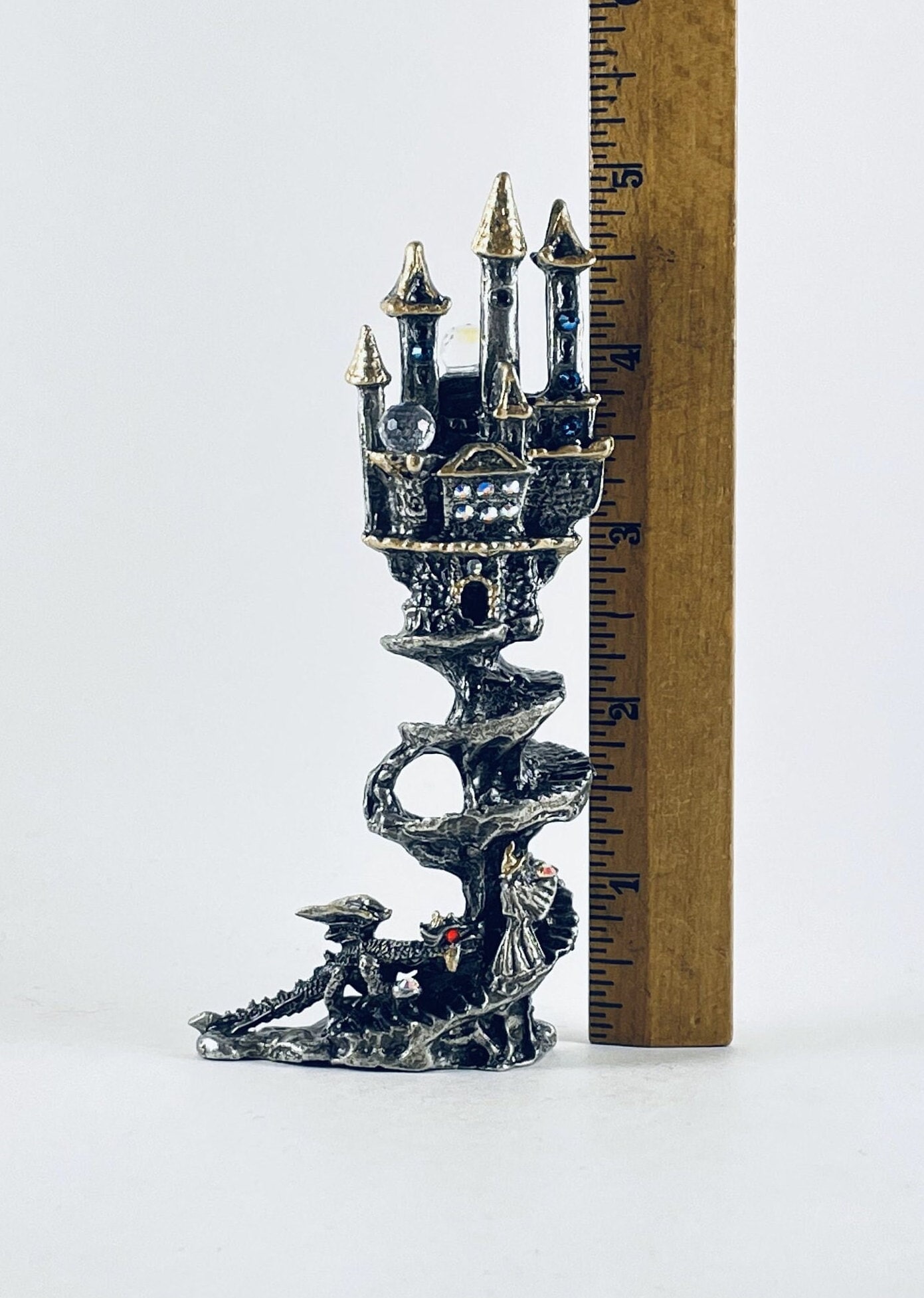 Tall Pewter Castle With Dragon Chasing Wizard - Many Colorful Crystals ...