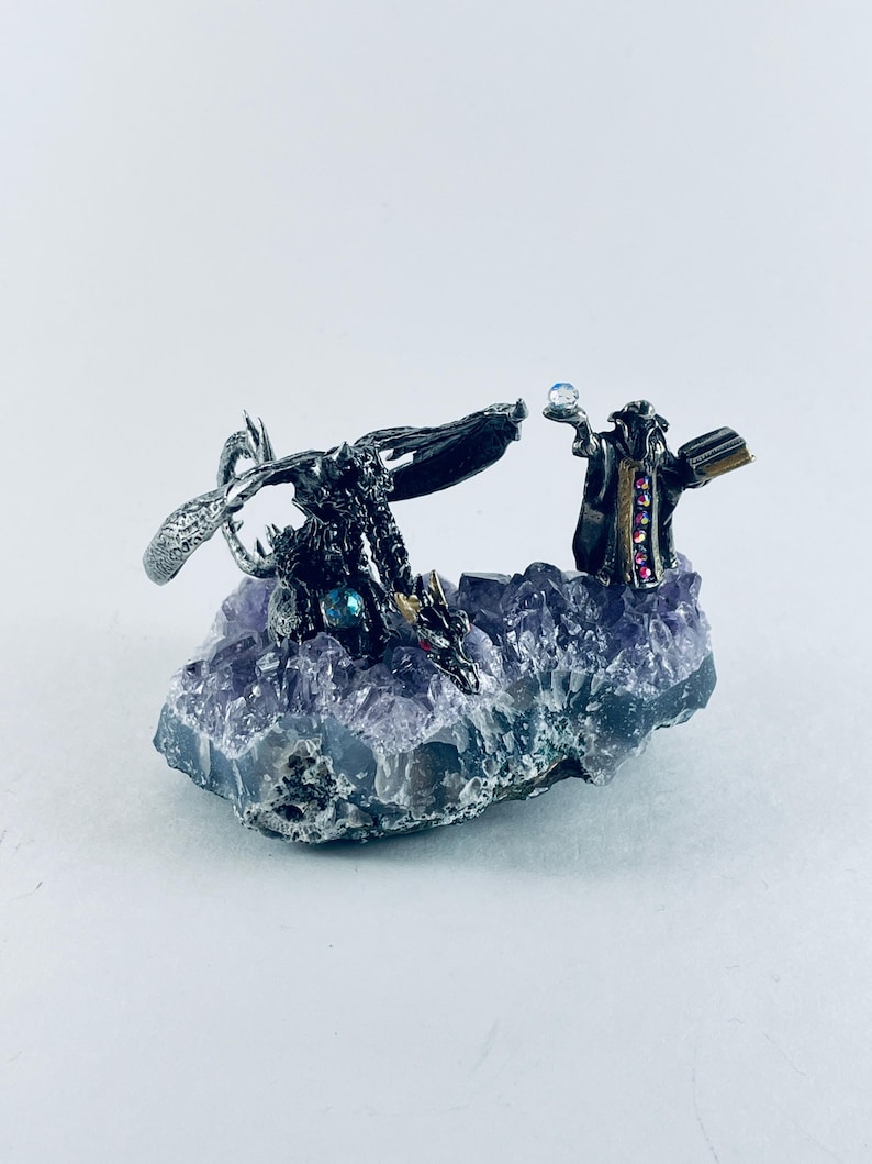 Pewter Dragon and Wizard on Amethyst Cluster - Crystal Accents - Etsy