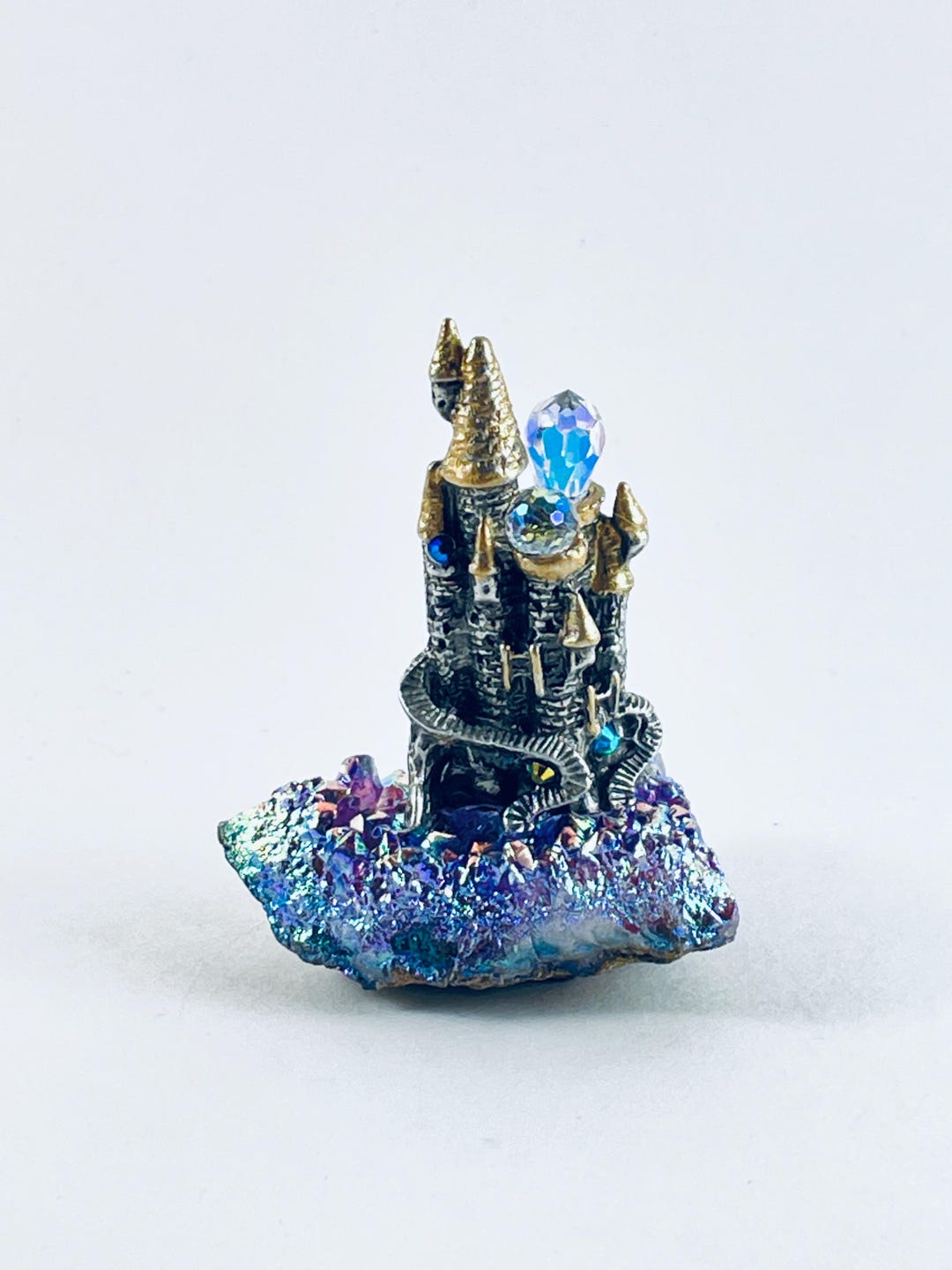 Pewter Castle With Winding Stairs & Crystals on Genuine Amethyst Aura ...