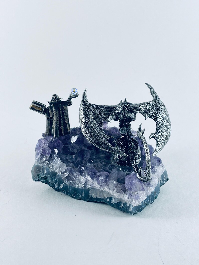 Pewter Dragon and Wizard on Amethyst Cluster - Crystal Accents - Etsy