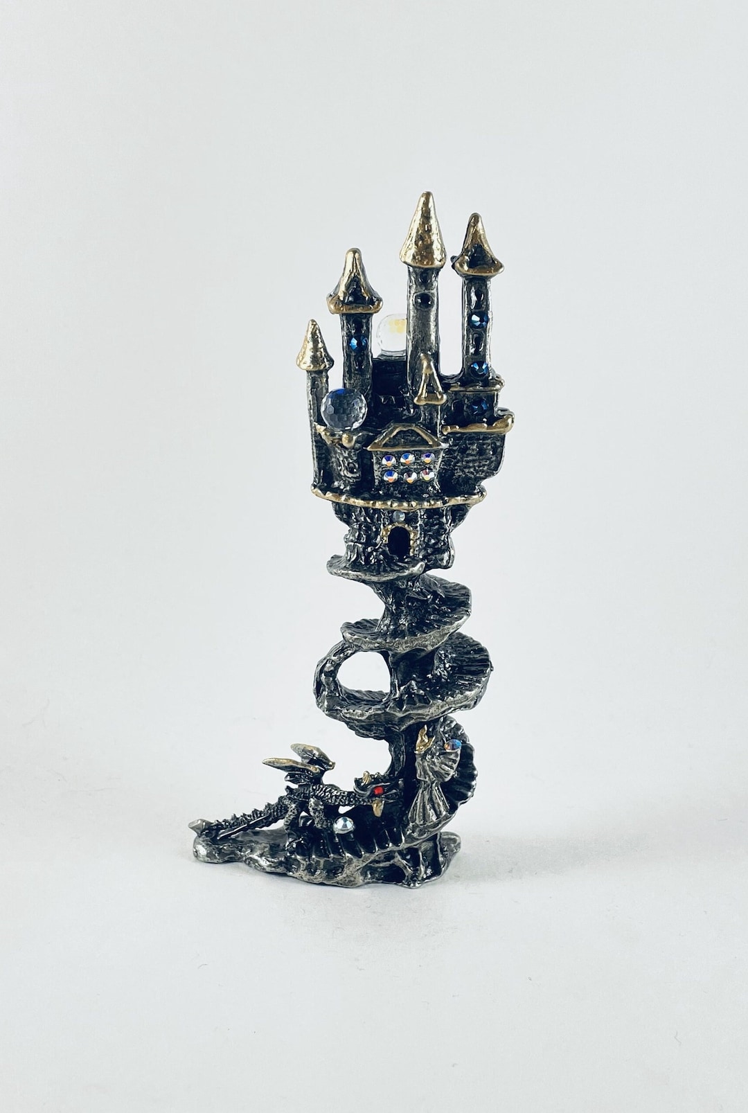 Tall Pewter Castle With Dragon Chasing Wizard - Many Colorful Crystals ...