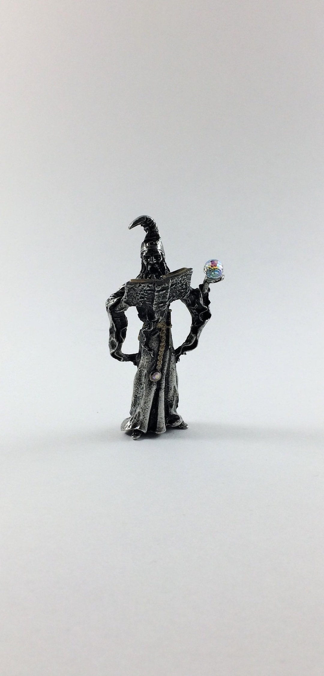 Pewter Wizard Holding Book and Swarovski Crystal Ball - Satin Matte ...