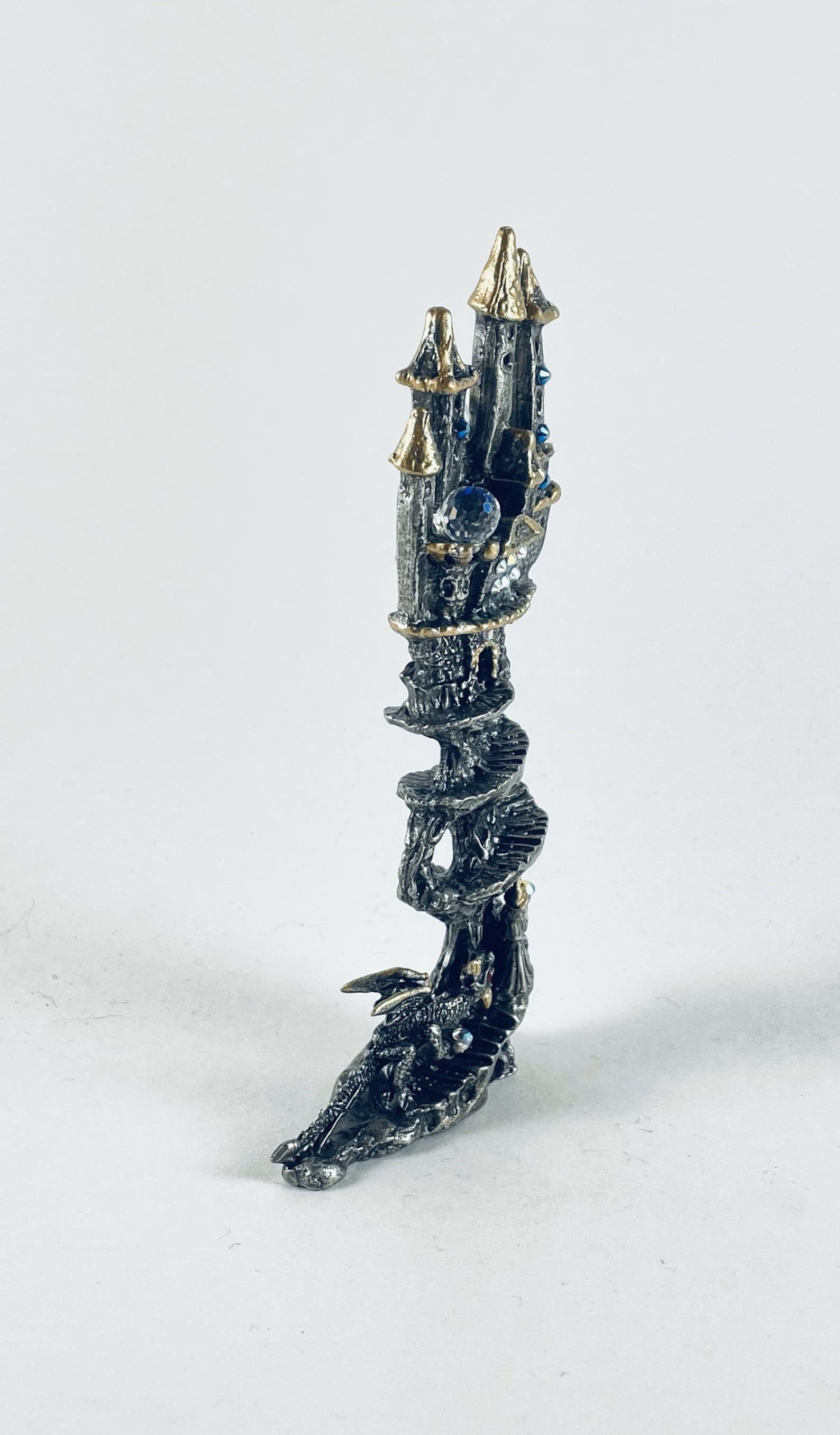 Tall Pewter Castle With Dragon Chasing Wizard - Many Colorful Crystals ...