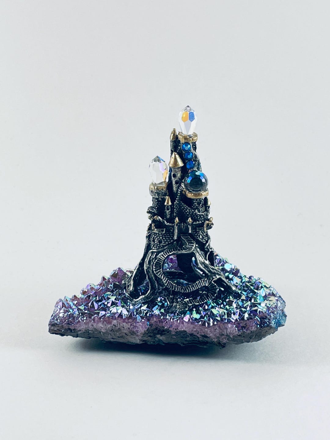 Pewter Castle With Winding Stairs & Crystals on Genuine Amethyst Aura Cluster - Etsy