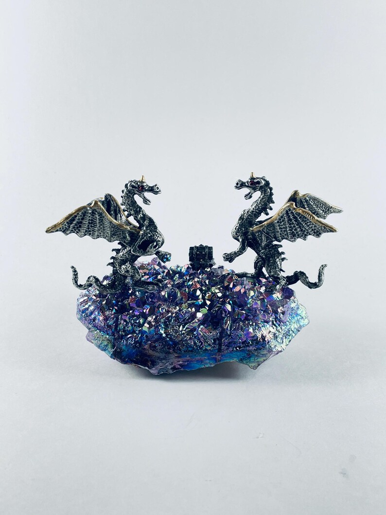 Two Pewter Dragons and Treasure on Aura Amethyst Cluster - Etsy