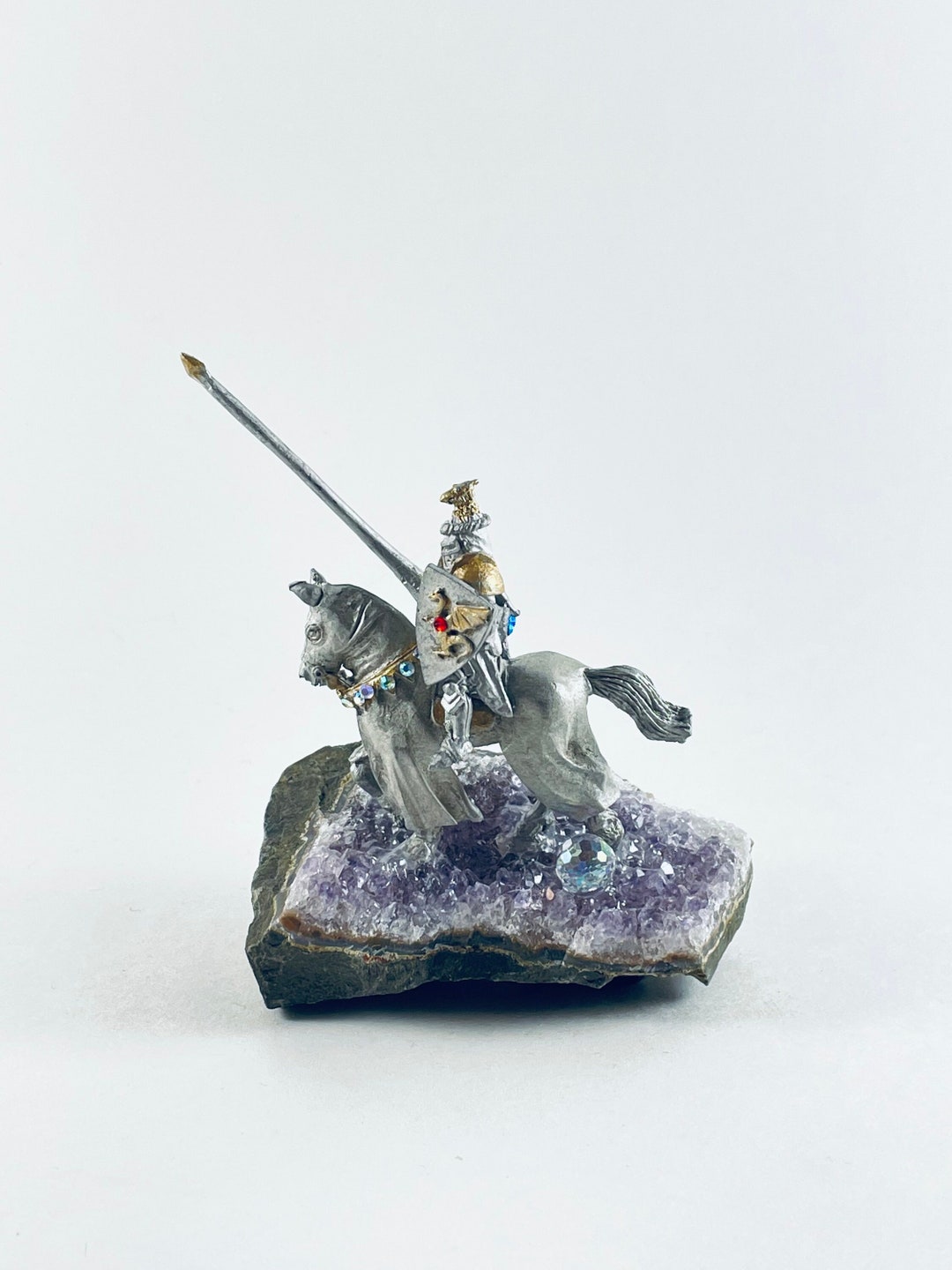 Vintage Pewter Jousting Knight on Genuine Amethyst Cluster - Etsy
