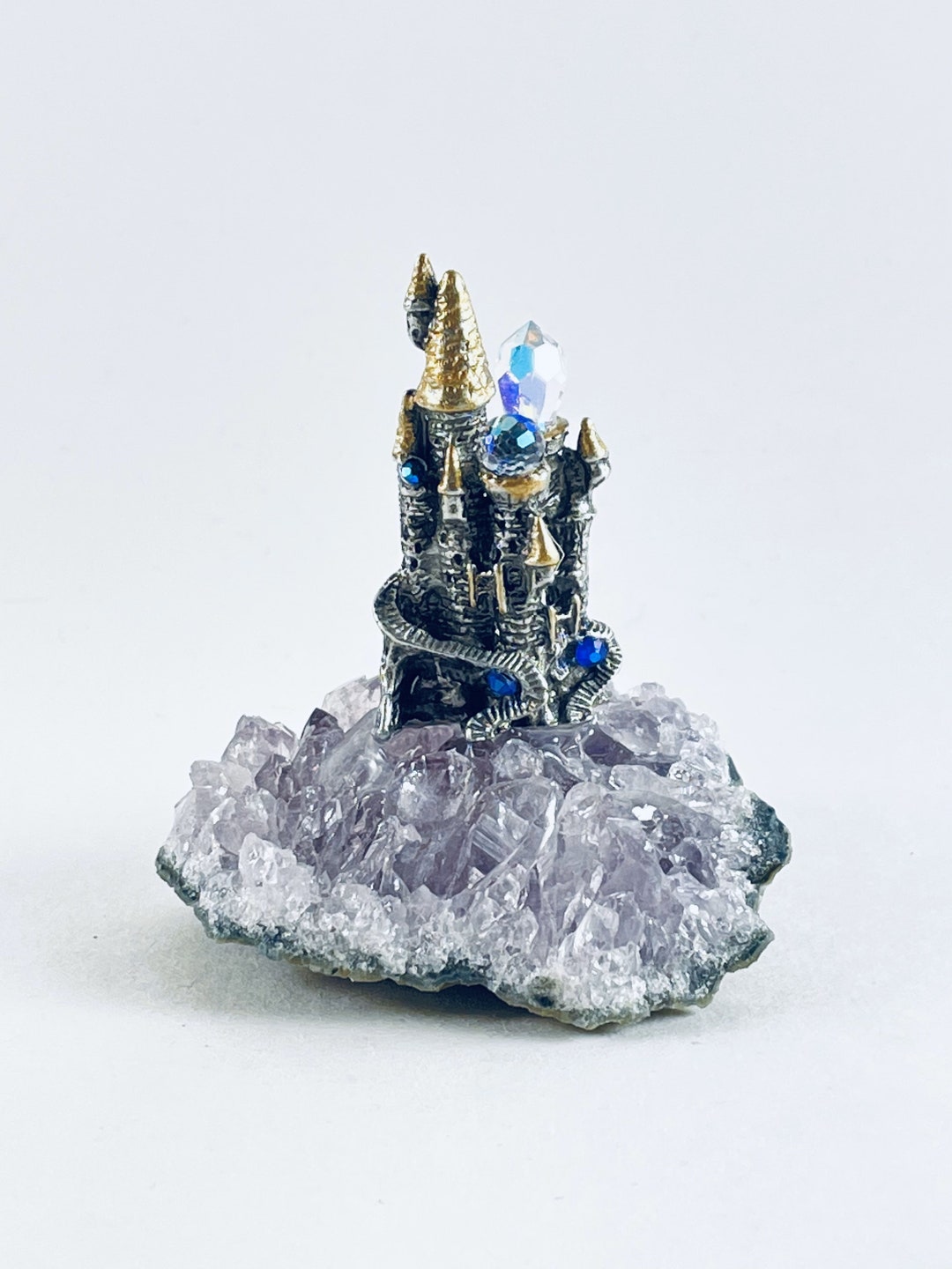 Pewter Castle With Winding Stairs & Crystals on Genuine Amethyst ...