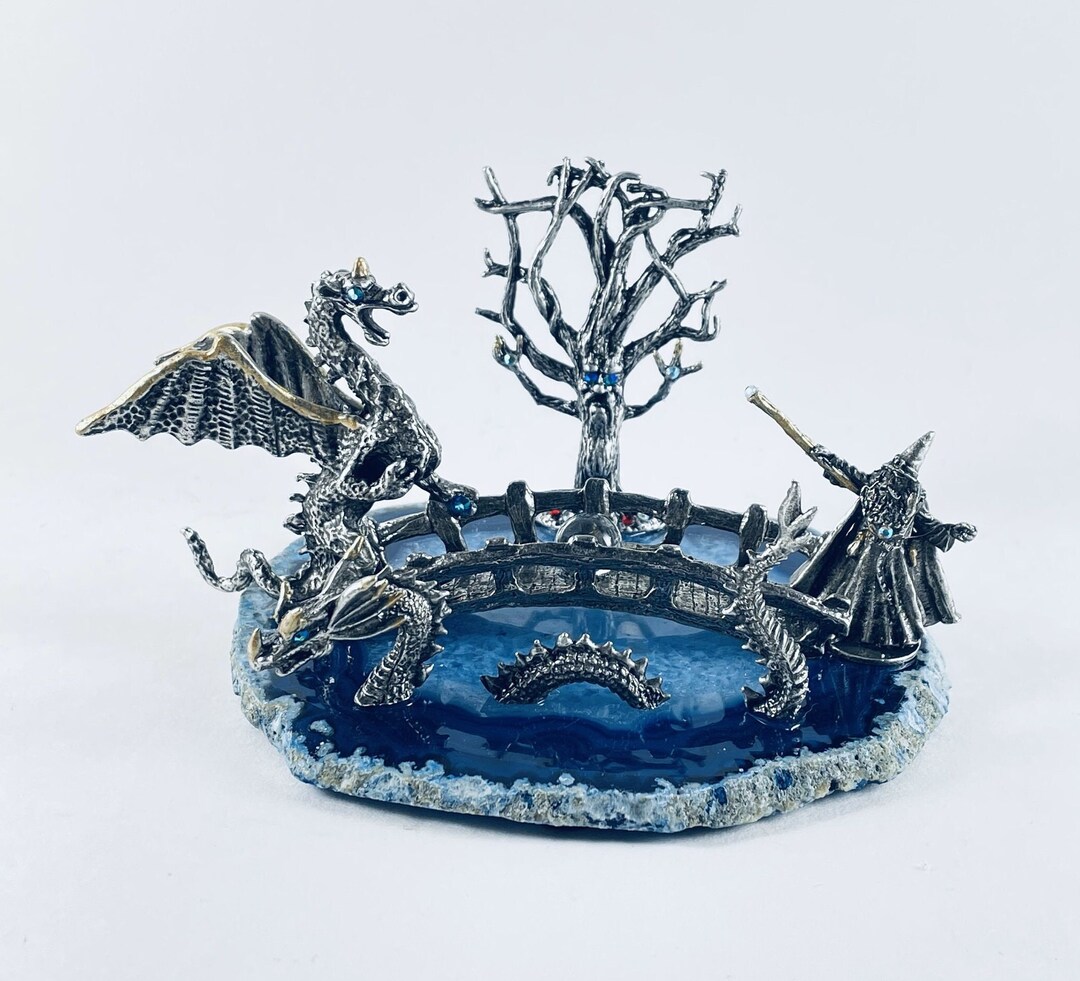 Pewter Diorama With Pewter Wizard and Dragon on Bridge Crystal Accents ...