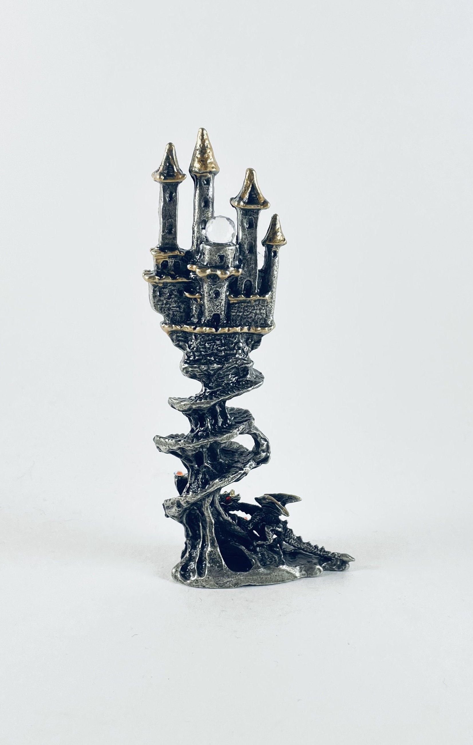 Tall Pewter Castle With Dragon Chasing Wizard - Many Colorful Crystals ...