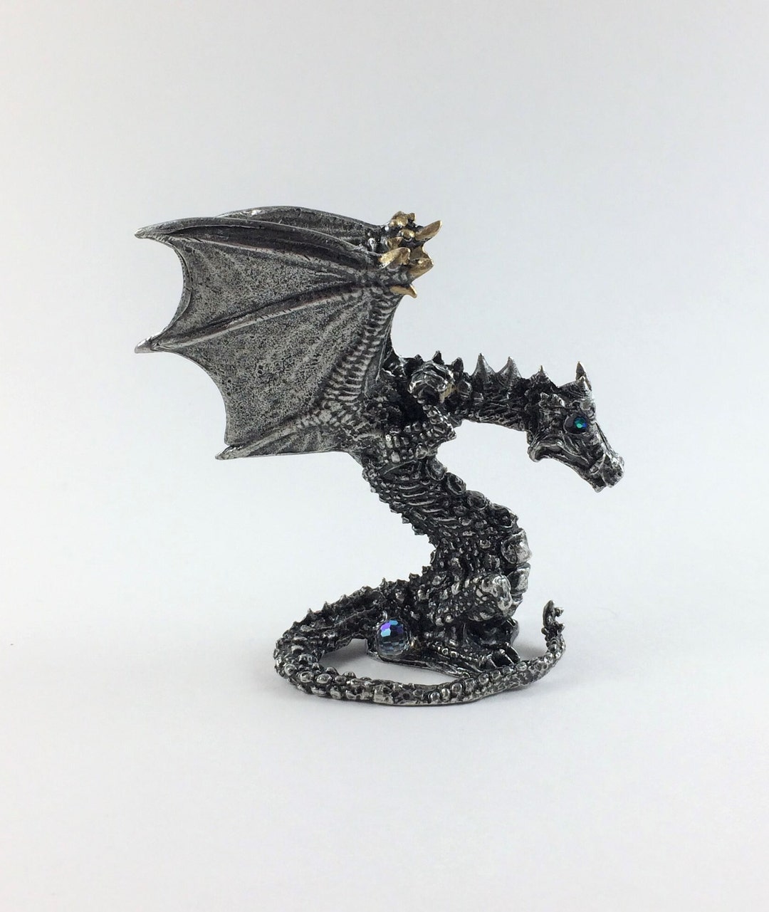 Pewter Dragon With Colorful Crystal Eyes and Faceted Crystal Fireball ...