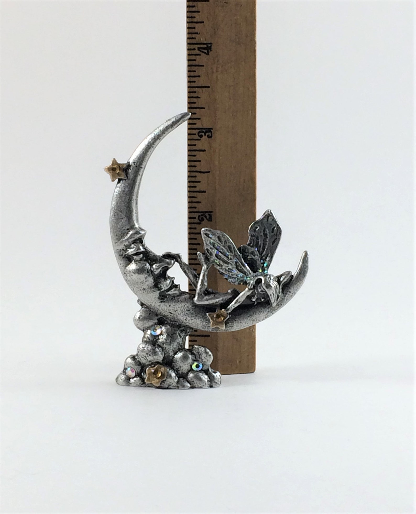 Pewter Fairy on Crescent Moon With Sparkling Wings | Etsy