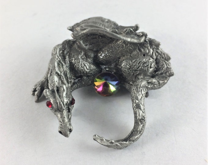 Pewter Resting Dragon With Red Crystal Eyes & Colorful Crystal Accent ...
