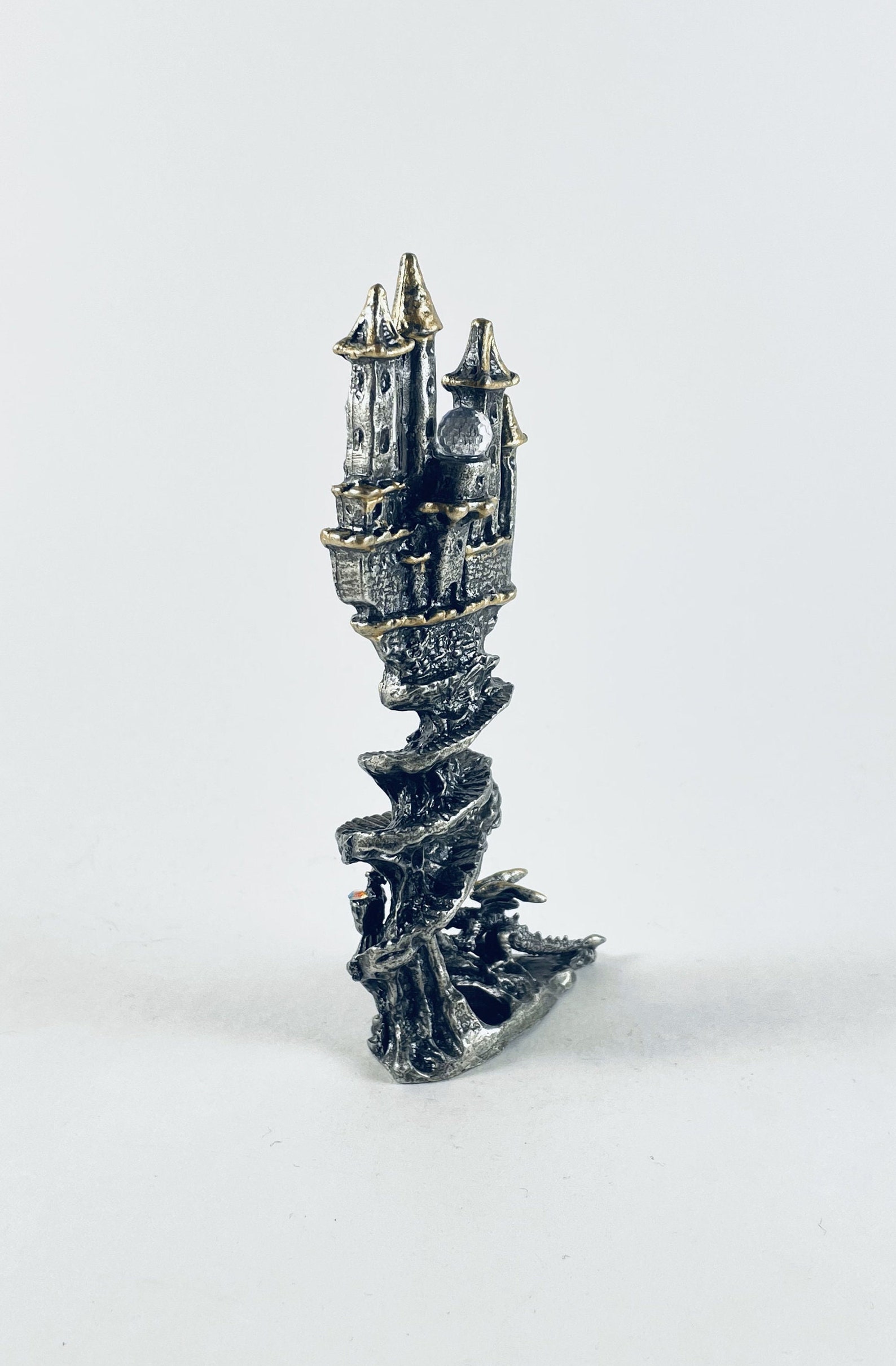 Tall Pewter Castle With Dragon Chasing Wizard - Many Colorful Crystals ...