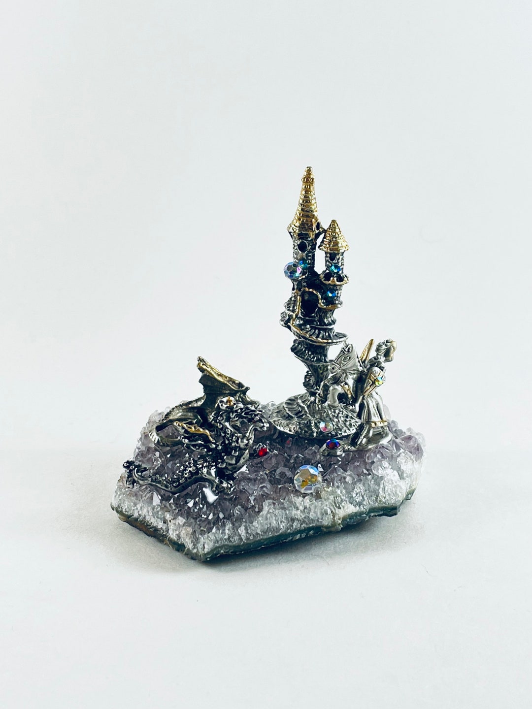 Pewter Castle, Dragons & Knight on Amethyst Cluster With Colorful ...