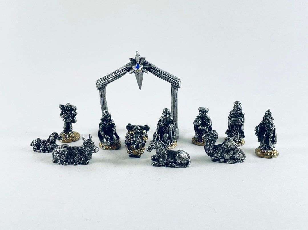 Miniature 11 Piece Pewter NATIVITY SET With MANGER and Crystals - Etsy
