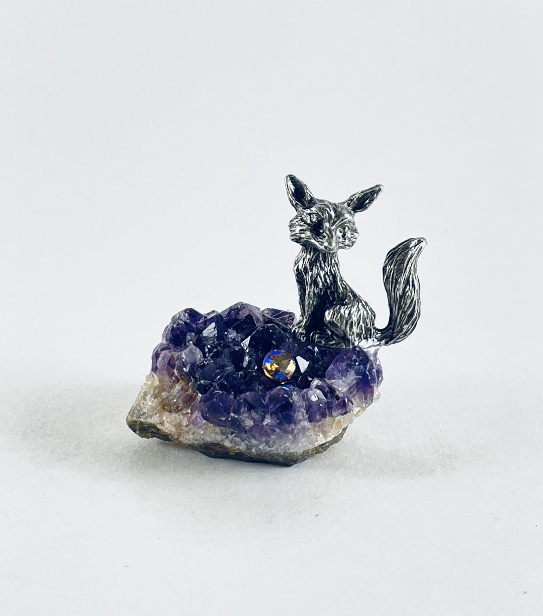 Pewter Fox Sitting on Genuine Amethyst Cluster - Etsy