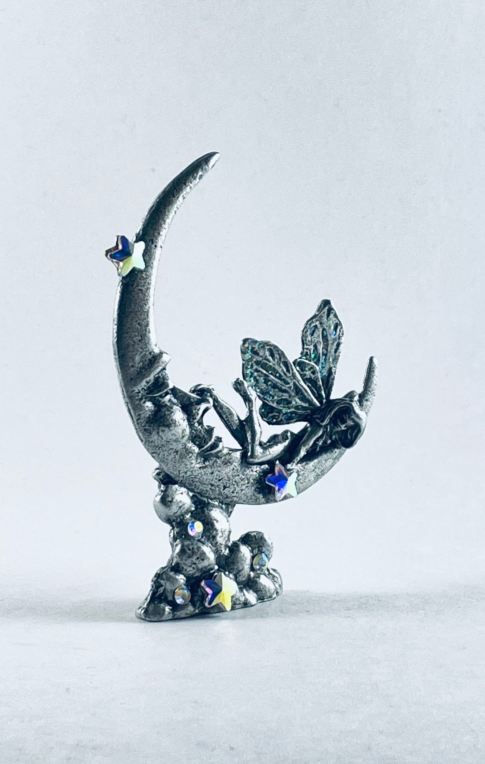 Pewter Fairy on Crescent Moon With Sparkling Wings - Etsy