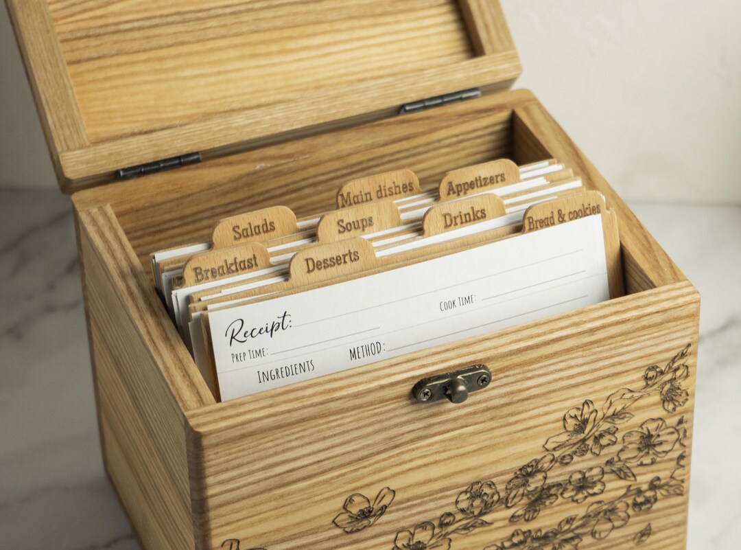 Rustic Recipe Card Organizer, Custom Wooden Recipe Box With Dividers ...