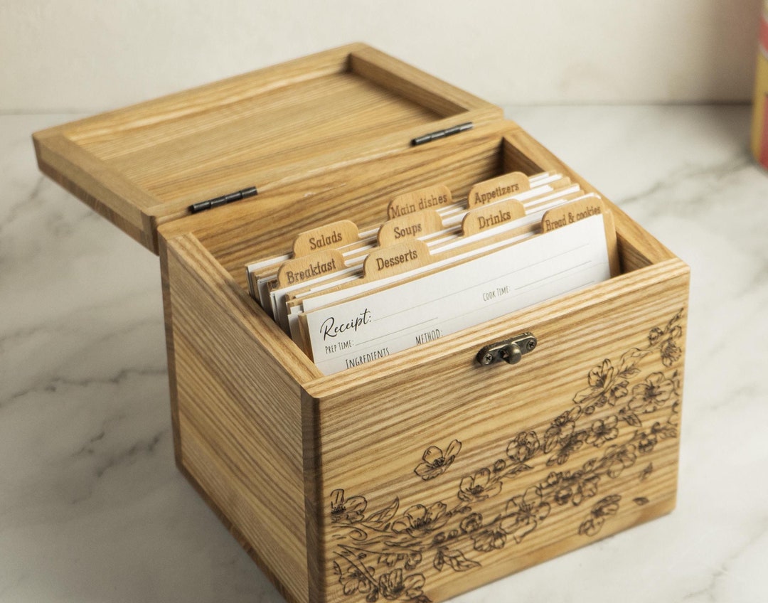 Wooden Recipe Box With Dividers, Handmade Custom Engraved Recipe Box ...