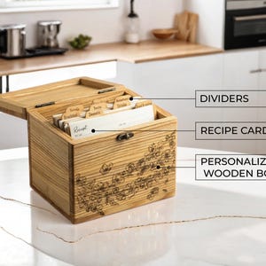 Personalized Recipe Box, Wooden Engraved Recipe Card Box With Dividers ...