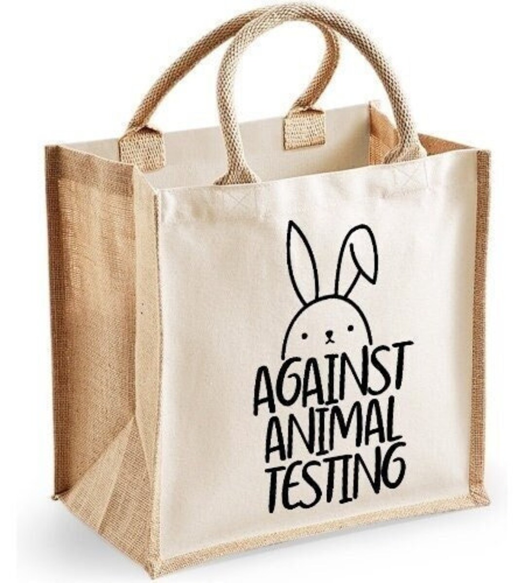 Against Animal Testing Rabbit Midi Jute Shopper Canvas Lunch Bag Anti ...