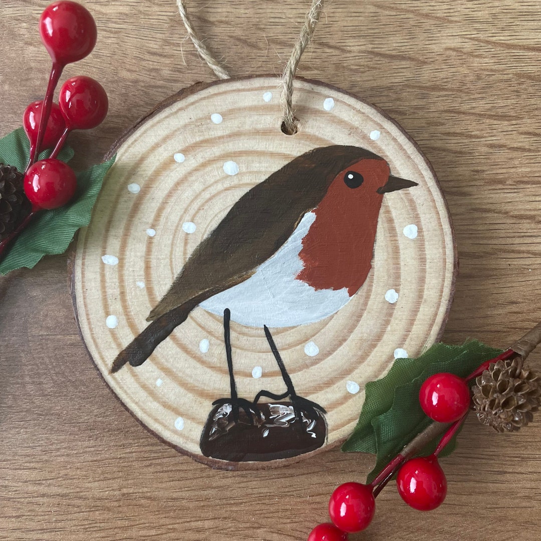 Hand Painted Robin in Snow Wooden Hanging Christmas Decoration for ...