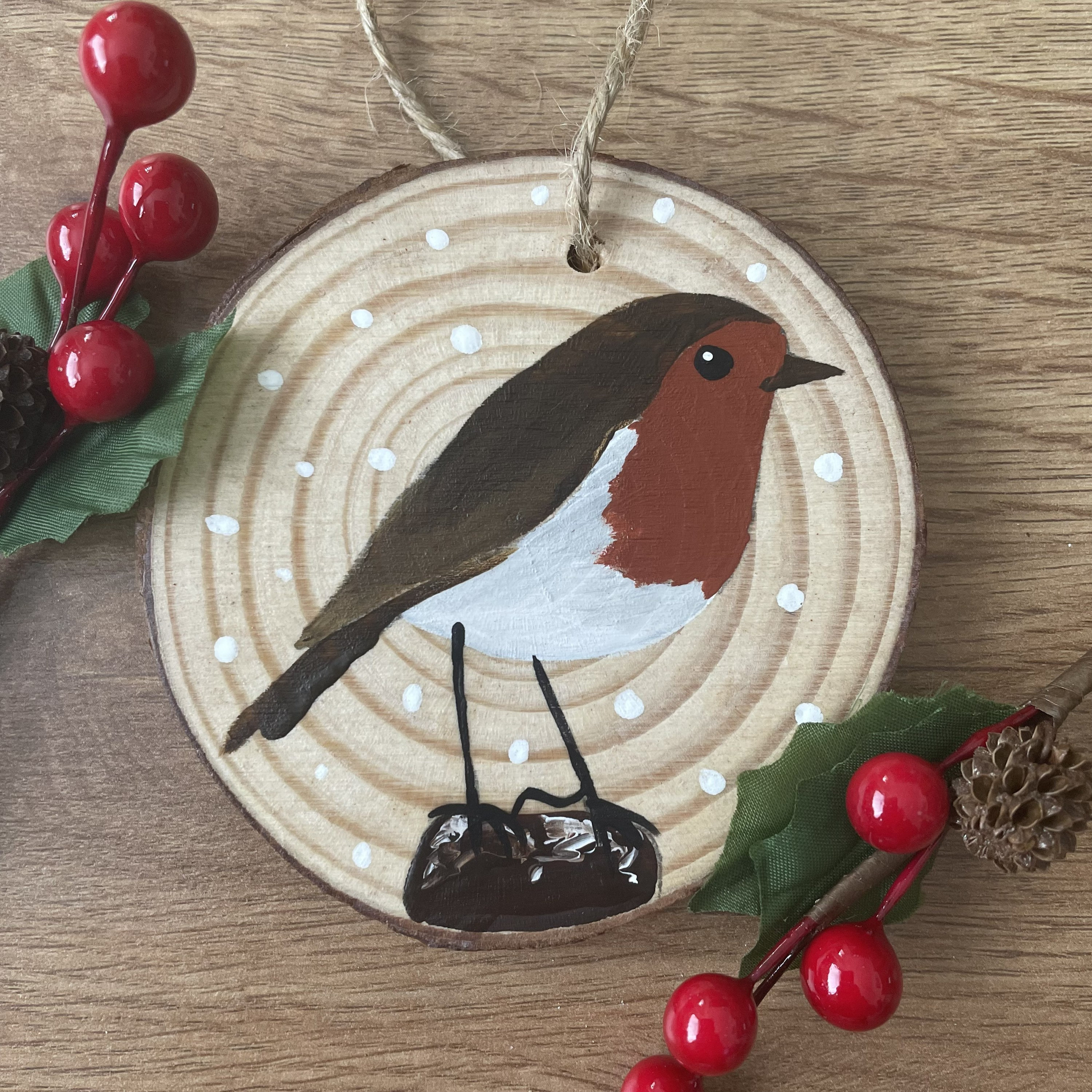 Hand Painted Robin in Snow Wooden Hanging Christmas Decoration for ...