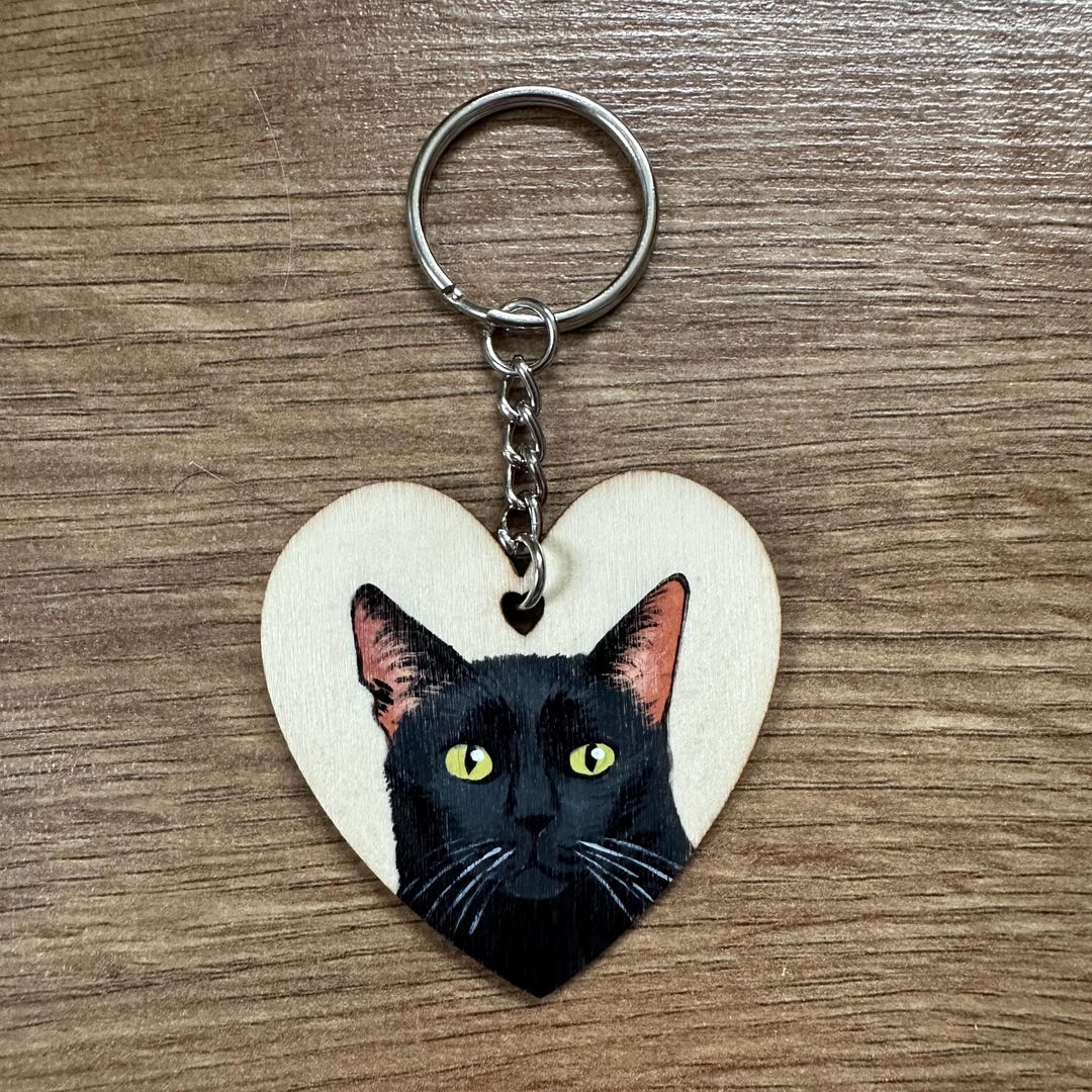 Hand Painted Black Cat Heart Shaped Wooden Keyring - Cat Lover Gift ...