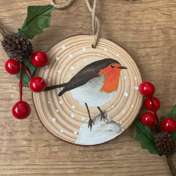 Hand Painted Robin in Snow Wooden Hanging Christmas Decoration | Etsy