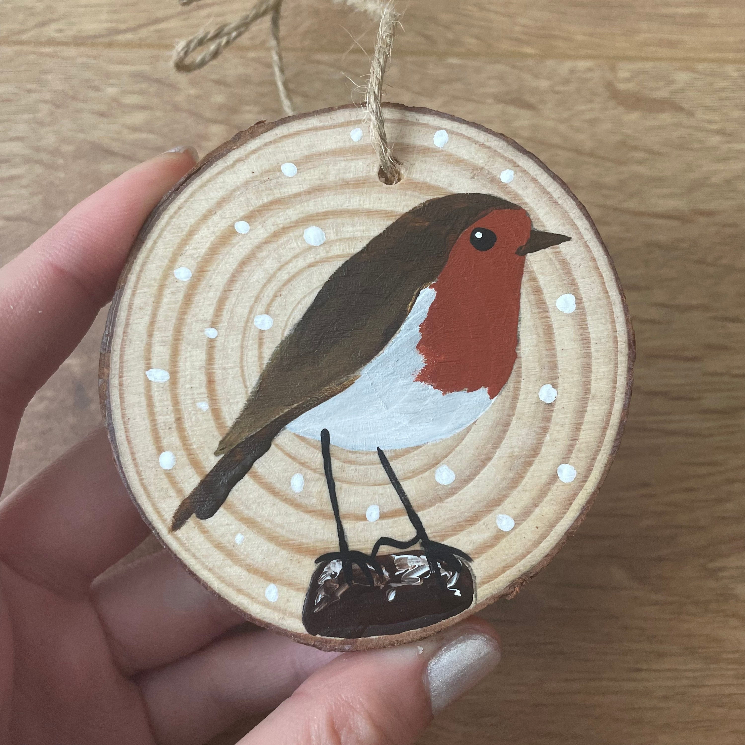 Hand Painted Robin in Snow Wooden Hanging Christmas Decoration for ...