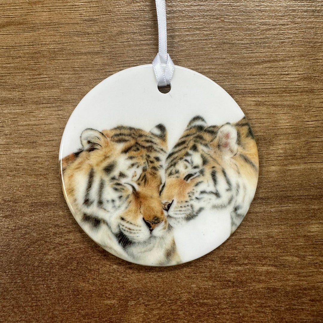 Round Ceramic Hanging Tiger Decoration - Cute Cuddling Big Cat Tigers ...
